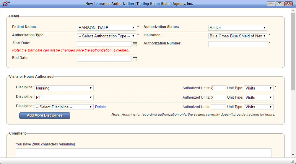 Insurance Authorization - Axxess Home Health Software