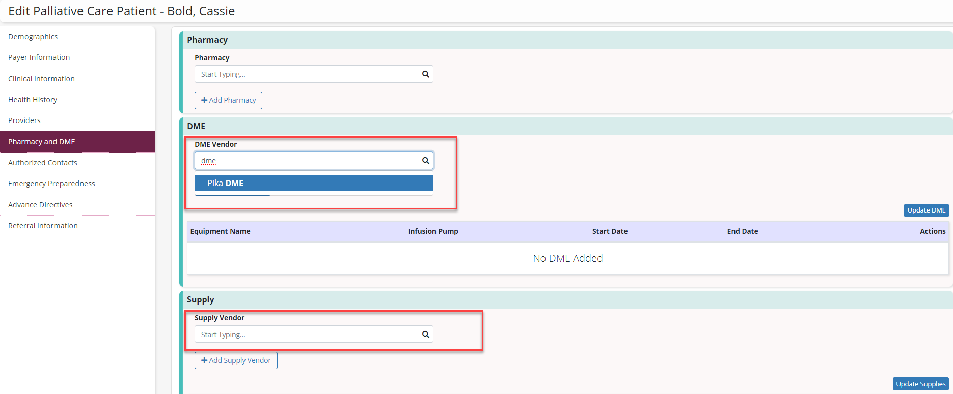 Add DME and Supply Vendors to Patient Charts in Axxess Palliative Care