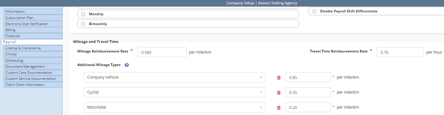 Mileage and Travel Time Types in Axxess Home Care