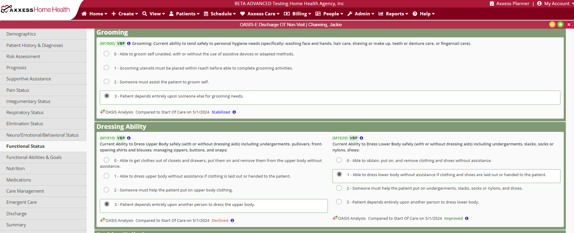 OASIS Improvement Indicators in Axxess Home Health
