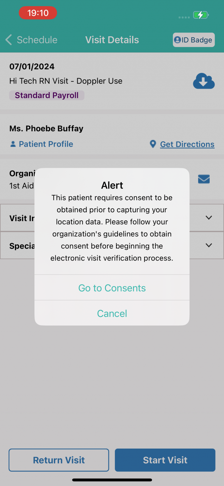 Patient Consent for EVV Location Capture (Ohio) on Axxess Care App